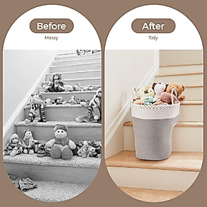 Puricon Stair Basket, Cotton Rope Staircase Basket for Carpeted and Wooden Stairs, Foldable Stair Step Storage Basket Collapsible Stair Organizer with Handle -Greywhite