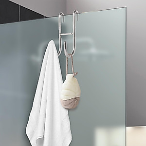 Dlilise Shower Door Hooks for Framed Glass Door, Towel Hooks Over Wide Framed & Frameless Glass Door, Towels Hanger for Bathroom, Both End Can be Used, Suit Rozer Robes Loofahs Shavers, 2-Pack Silver