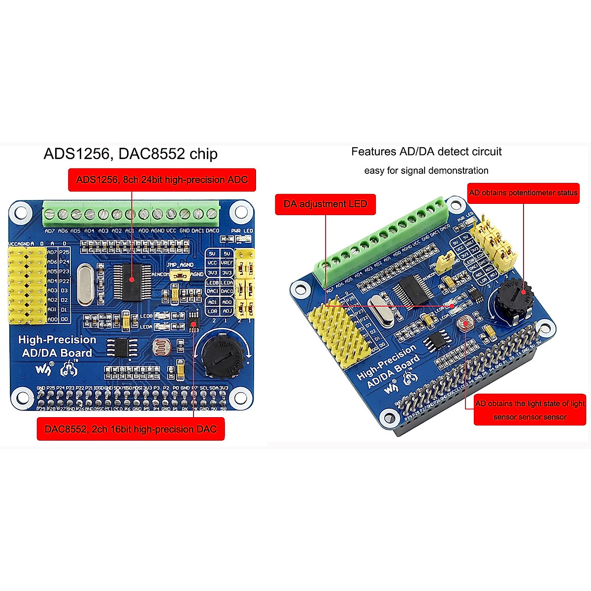 High-Precision AD/DA Expansion Board for Raspberry Pi 4B/3B+/3B/2B/Zero/W/Zero WH and Jetson Nano,Add High-Precision AD/DA Functions to Pi. Onboard ADS1256 8-CH 24bit ADC and DAC8532 2-CH 16bit DAC