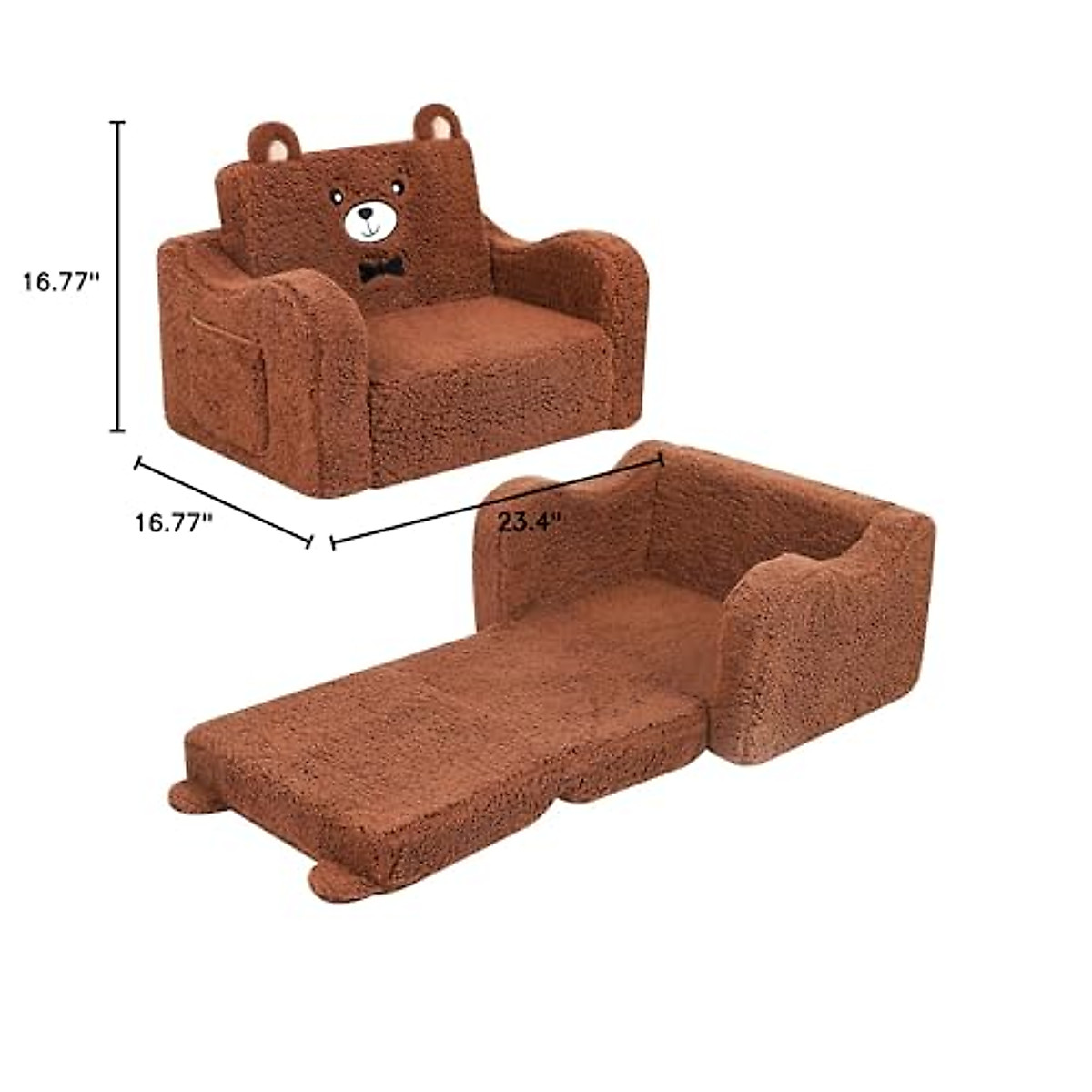 MOMCAYWEX Kids Chairs for Toddler, 2-in-1 Toddler Soft Sherpa Couch Fold Out, Convertible Sofa to Lounger for Girls and Boys, Teddy Bear, Brown