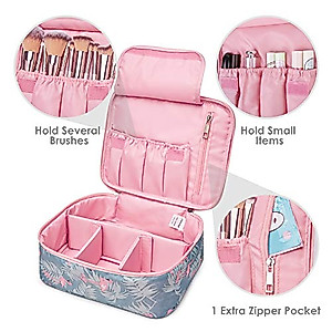 Narwey Travel Makeup Bag with Brush Compartments，Portable Cosmetic Bag，Make up Bag Makeup Organizer Case with Brush Storage for Women (Flamingo)