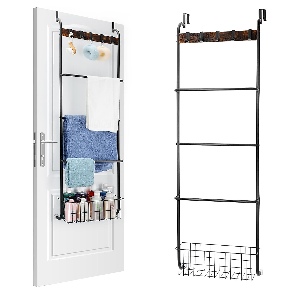 Over The Door Towel Rack, 5-Tier Towel Racks for Bathroom Hanging with Hooks, Black Door Blanket Holder for Clothes, Washcloths,Hand Towels, Sponges, Over Door Towel Rack for Bathroom Living Room