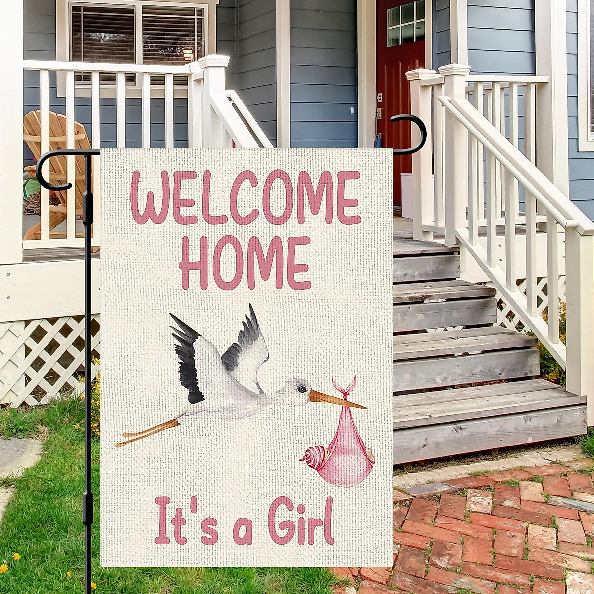 DLZDN Welcome Home Baby Girl Garden Flag Baby Shower Garden Flag 12×18 Inch Double Sided Burlap Flag Newborn Gender Reveal Lawn Yard Sign Stork Outdoor Decoration