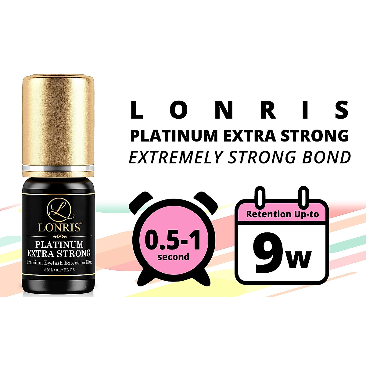 8-9 Weeks Retention/Volume Eyelash Extension Glue/Platinum Extra Strong LONRIS Lash / 0.5-1 Sec Drying time/Maximum Bonding/Semi-Permanent Extensions Supplies/Professional Use Black Adhesive (5 ML)