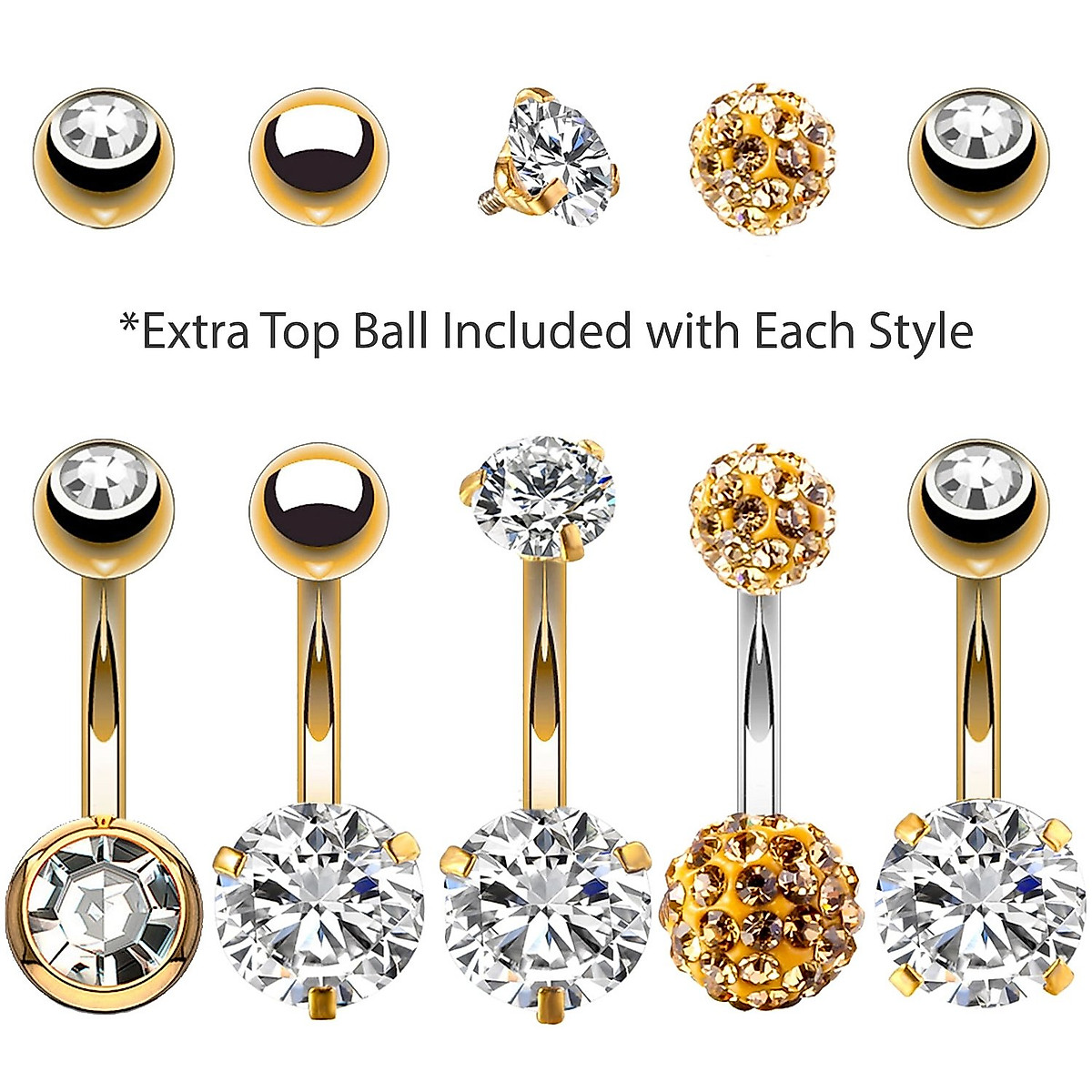 BodyJ4You 5PC Belly Button Rings Set - 14G - Goldtone Surgical Stainless Steel - Shiny CZ Crystals - Clear Disco Ball - Replacement Extra Pack - Women Body Piercing Jewelry