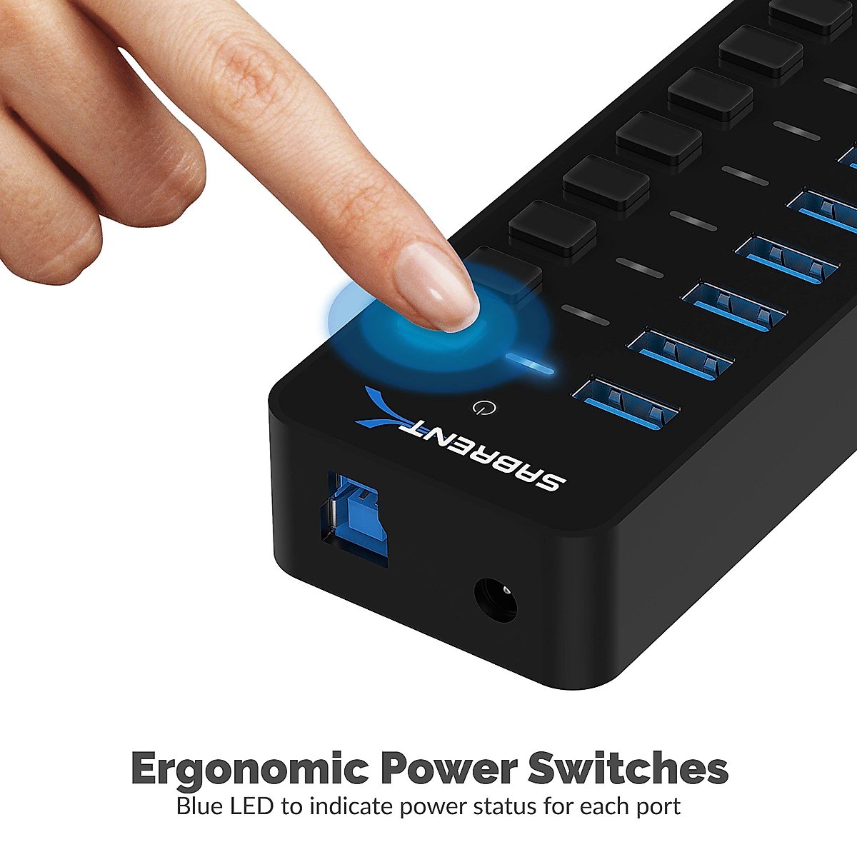10 Port 60W USB 3.0 Hub with Individual Power Switches and LEDs Includes 60W 12V/5A Power Adapter+Mini Travel 2.4GHz Wireless Mouse with Nano Receiver