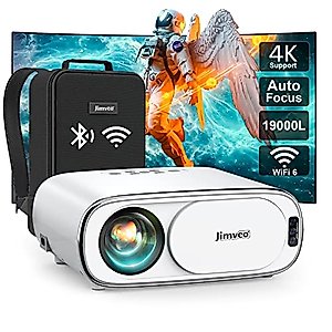 [Auto-Focus] Projector with WiFi 6 and Bluetooth:Jimveo 490 ANSI 19000L Native 1080P Outdoor Movie Projector 4k Support,Auto 6D Keystone&50% Zoom,Portable Smart Home LED Video Projector for Phone/PC