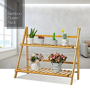MoNiBloom Folding Bamboo Ladder Shelf 2 Tier Flower Pot Plant Display Rack Stand Organizer Holder for Home Garden Patio Balcony Indoor Outdoor Use, Natural