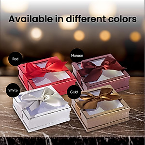 Hammont Clear Window Gift Boxes - 3 Pack - Multipurpose Bakery Boxes with Ribbon | Treat Boxes Perfect for Party Favors, Cookies and Cupcakes (Red, 6” x 6” x 2”)