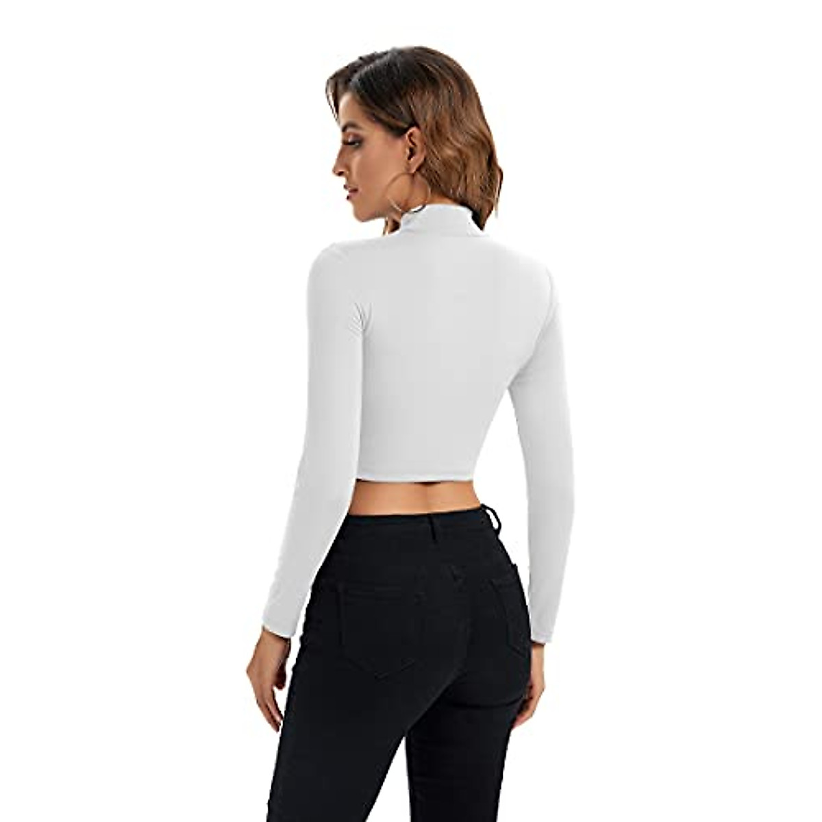 HoneyEcho Cropped Long Sleeve Tops for Women Turtleneck Long Sleeve Undershirts for Women Half Tees for Workout White X-Large
