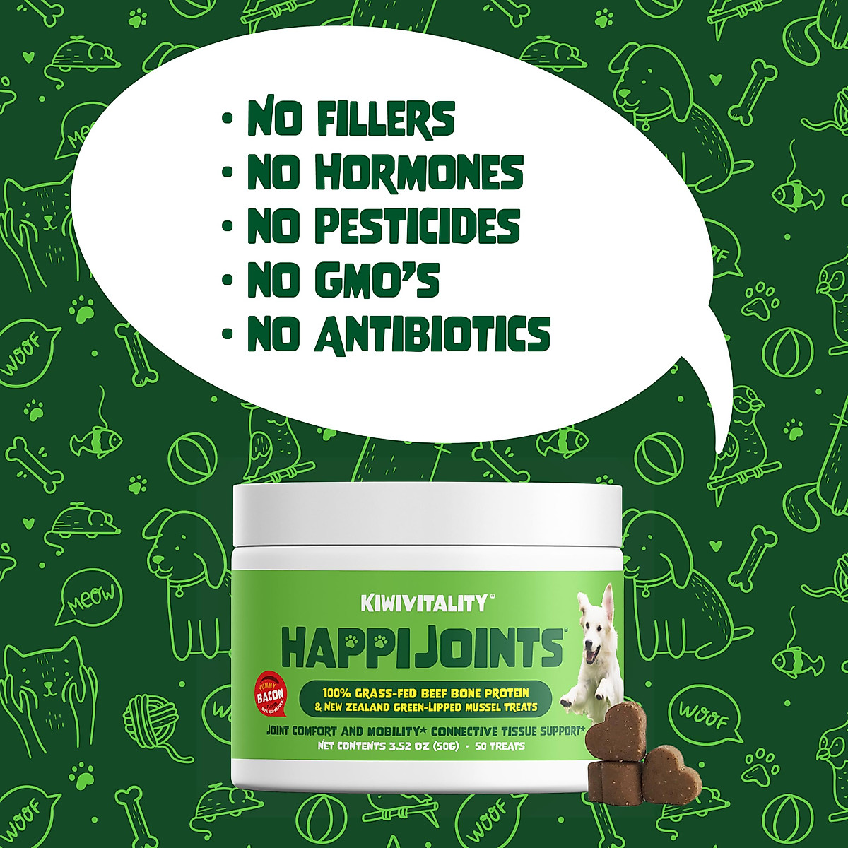 HappiJoints Hip and Joint Supplement Treats for Dogs, Cats • 100% Grass-Fed Beef Bone Collagen New Zealand Green-Lipped Mussels • 50 Treats