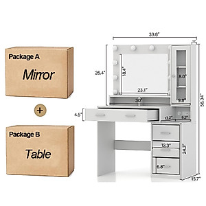 Likein Vanity Desk with Mirror and Lights, White Vanity Makeup Desk with Drawer & Glass Storage Cabinet & Charging Station, 3-Color Lights Adjustable Brightness, Make Up Dressing Table for Bedroom