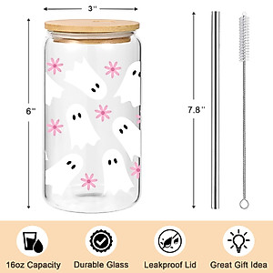 Lovearth Boho Ghost Iced Coffee Cup, 16oz Halloween Glass Cup with Lid and Straw, Ghost Daisy Coffee Tumbler, Fall Cup, Spooky Gifts, Halloween Lover Gifts, Boo Basket Stuffers for Women, Teens