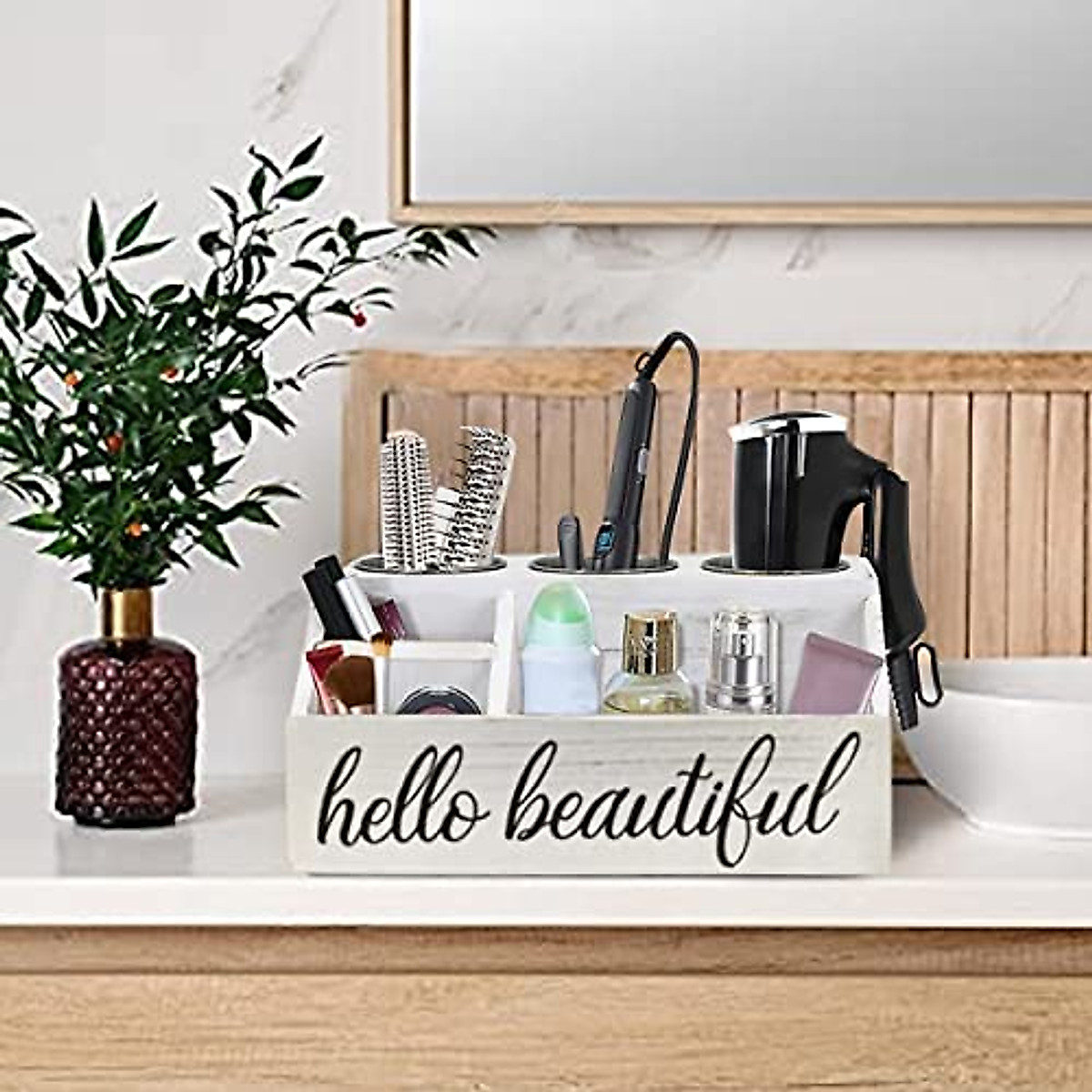 Rustic Wood Farmhouse Bathroom Hair Tool Organizer - Makeup Organizer - Vanity Tray - Vanity Organizer for Bathroom Counter - Hair Dryer Holder - Blow Dryer Holder - Bathroom Counter Tray 12" x7”