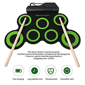 Topoworl Electronic Drum Set, Practice Drum Pad, Portable Silicone Beginners Electric Drum Set Percussion Instrument with Drum Sticks Sustain Pedals (Green)