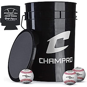 CHAMPRO CBB-200D Full Grain Leather Cover Baseballs with Cosmetic Blem in a Black Bucket – 30 Balls and one Rods Can Sleeve Included