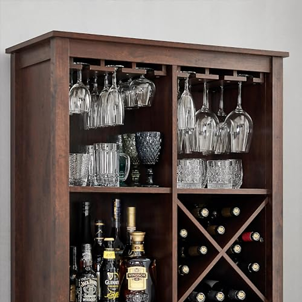Home Source 72" Wood Exquisite Bar Wine Cabinet with Storage,Liquor Cabinet with Removable Wine Racks,Bookcase,Kitchen Pantry Storage Cabinet for Kitchen,Dining Room, Living Room,Mahogany