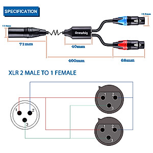 Anewbig 1 Male to 2 Female XLR Y Splitter Micrphone Cable 1.5ft, 3pin XLR Female to Dual XLR Male Y-Splitter Balanced Mic Audio Cables for Stereo Mic to L & R Audio Track (1.5feet)