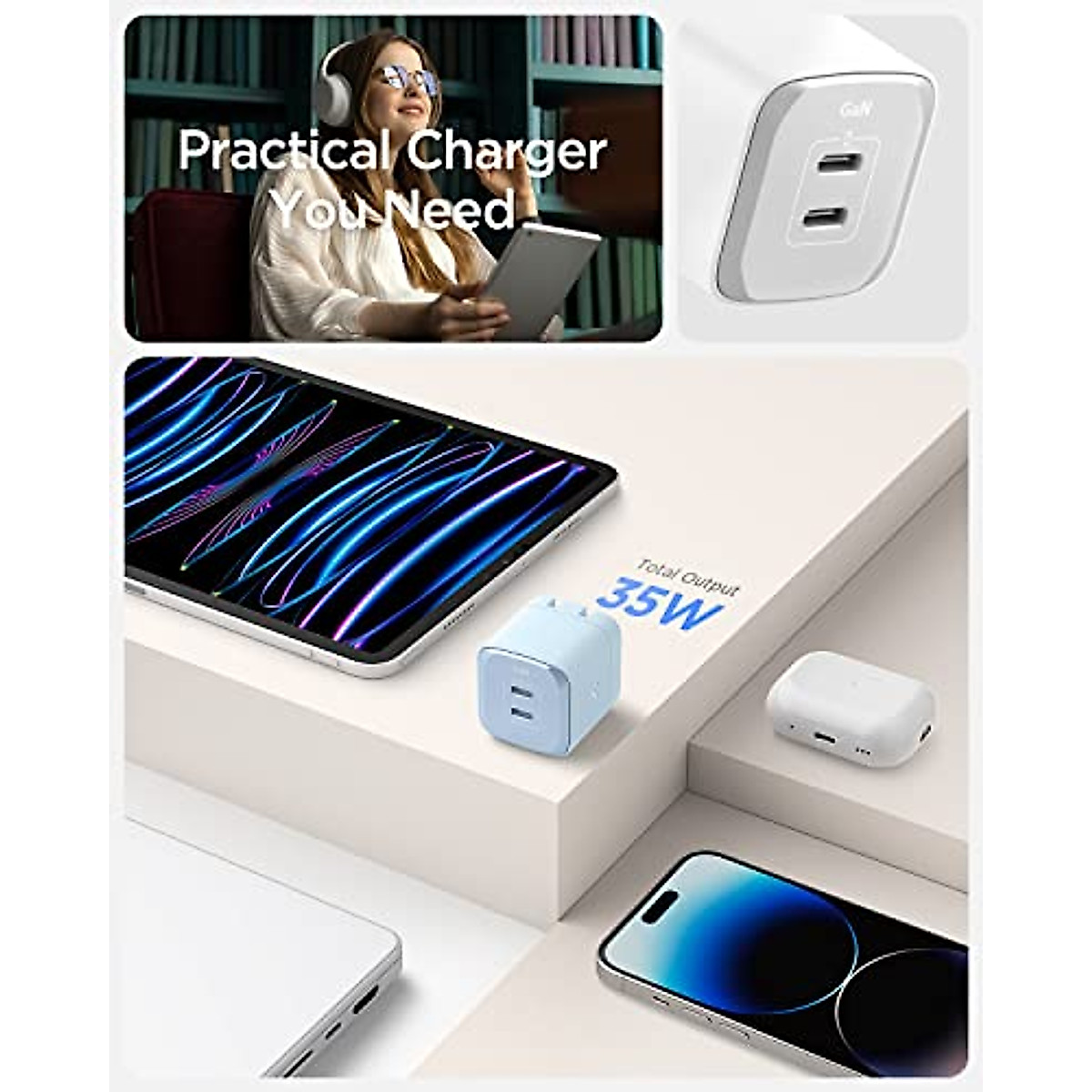 Spigen GaN III 352 35W 2 Ports Compact Foldable Dual USB C Wall Charger PD PPS Fast Charging Block Adapter for iPhone 15 Plus Pro Max 14 13 12 Mini iPad Air AirPods Galaxy S24 S23 S22 S21 Pixel 8 Fold