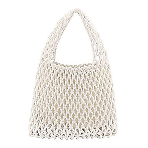 Ayliss Women Mini Clutch Handbag Tote Cotton Crochet Bucket Top-handle Drawstring Beach Woven Fishing Net Pouch Purse (Ivory)