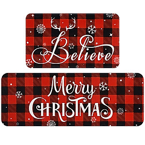 ASPMIZ 2 Pcs Christmas Buffalo Plaid Kitchen Rugs and Mats Set, Absorbent Winter Snowflake Kitchen Mat Cushioned Anti Fatigue, Xmas Decorative Area Rug Set of 2 Washable, 17'' x 47'' + 17'' x 30''