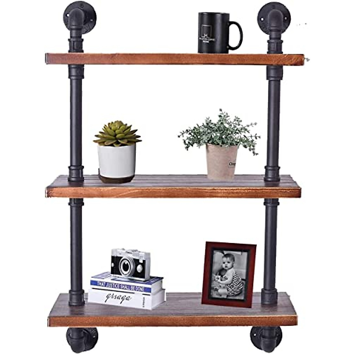 BOKKOLIK Vintage 3-Tier Pipe Shelves Farmhouse Floating Shelves 24inch Width Industrial Storage Wooden Shelves for Kitchen Office Coffee House Warming Gift