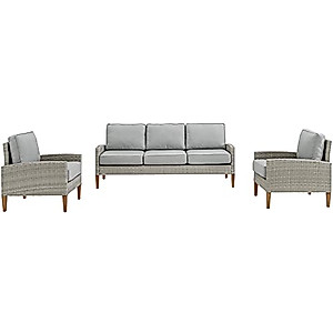 Crosley Furniture Capella 3-Piece Outdoor Sofa Patio Furniture Set, Wicker Conversation Sets for Porch, Acorn with Gray Cushions