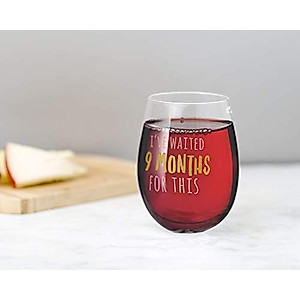 Pearhead I’ve Waited 9 Months For This Stemless Wine Glass, New Mom, Gift For New And Expecting Moms, Pink and Gold, 16 oz