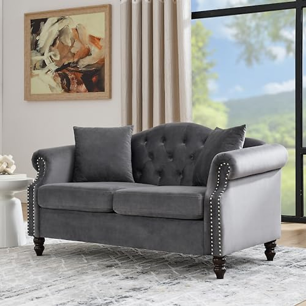 57" Chesterfield Sofa with 2 Pillows,2 Seater Sofa Tufted Couch with Rolled Arms and Nailhead for Living Room, Bedroom, Office, Apartment(Grey)