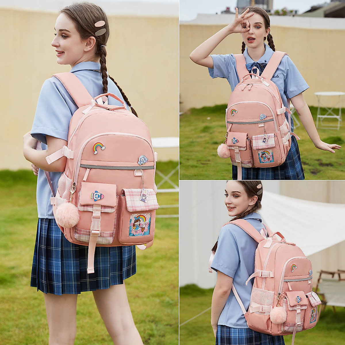 Hey Yoo Cute School Backpack for Girls Backpack for School Bag Kids Backpacks for Girls Kawaii Bookbag for Teen Girls (Pink)