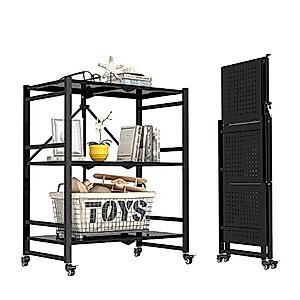 CuHome 3-Tier Foldable Storage Shelves with Wheels, Metal Folding Organizer Rack, Collapsible Shelves Heavy Duty Shelving Units for Kitchen Garage (3-Tier)
