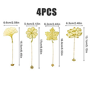 SAVITA 4 Pcs Metal Bookmarks with Chain, Hollow Leaf Bookmark with Lotus Ginkgo Maple Four-Leaf Clover Patterns, Flower Bookmarks for Book Lovers (Golden,4 Styles)
