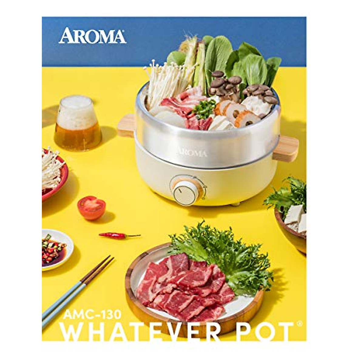 Aroma Housewares AMC-130 Whatever Pot, Indoor Grill, Cooking, Hot Pot with Glass Lid, Bamboo Handles, 2.5L, Stainless Steel/White