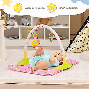 HONEY JOY Baby Bouncer Activity Center, 3-Stage Bouncing Activity Saucer & Playtime Mat & Activity Table, Toy-Bar, 3 Adjustable Heights, Foldable Exersaucer for Infants & Toddlers(Pink)