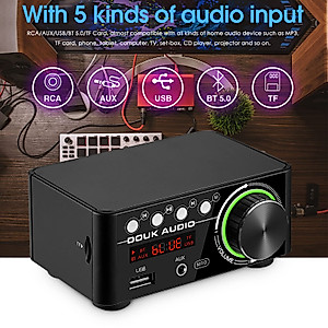 Douk Audio 120W Mini Bluetooth 5.0 Power Amplifier 2.0 Channel Hi-Fi Stereo Class D Audio Amp Wireless Receiver TF USB Home Speaker (Upgrade Version) (Black)