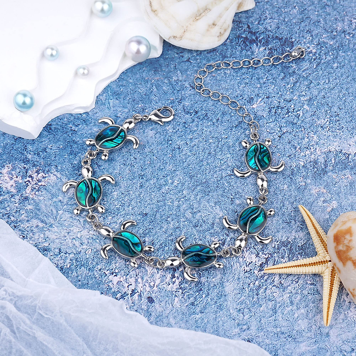 Lauren-Spencer Sea Turtle Ankle Bracelet for Women Silver Plated Adjustable Abalone Shell Cute Turtle Charm Anklet Bracelets for Women Teen Girls Turtle Jewelry Gifts Ocean Beach Anklets