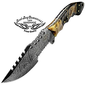Handmade Damascus Steel Tracker Knife - 9.5" Inch Knifes real Ram horn Handel Knives - Bushcraft- EDC Survival Knife for Men-Tactical Tracker Knife- Fixed Blade Knife- Premium Quality Knife- Mens Gift