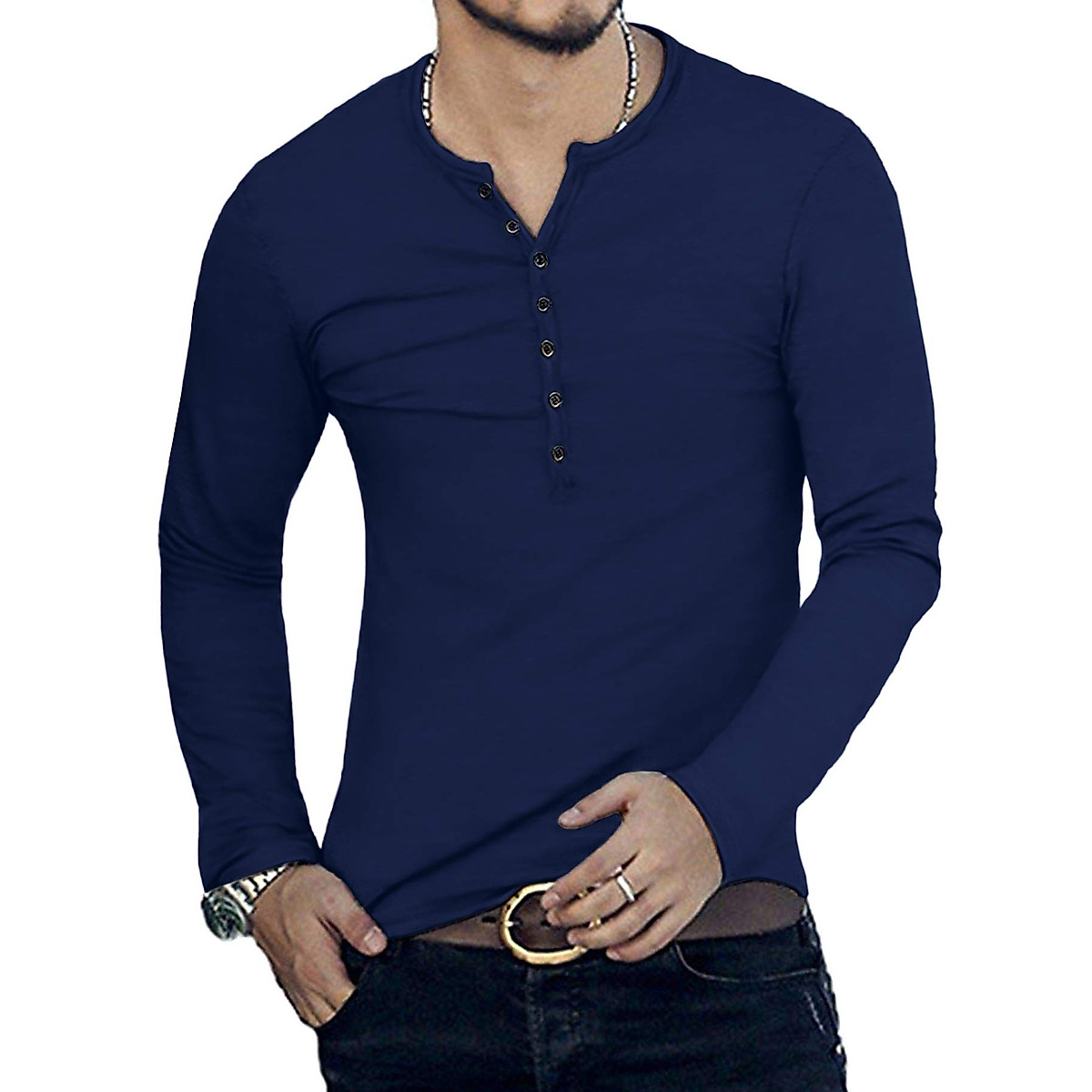 YTD Mens Casual Slim Fit Basic Henley Long Sleeve Fashion T-Shirt S Navy