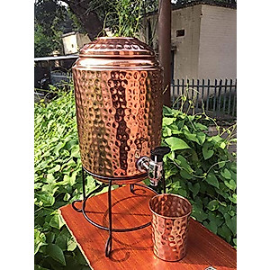 Pure Copper Hammered Water Dispenser Storage Water Tank with Tap and Set of 4 Copper Glass | Water Pot | Copper Water Storage Tank | 6.5 LTR Capacity | 218 Oz