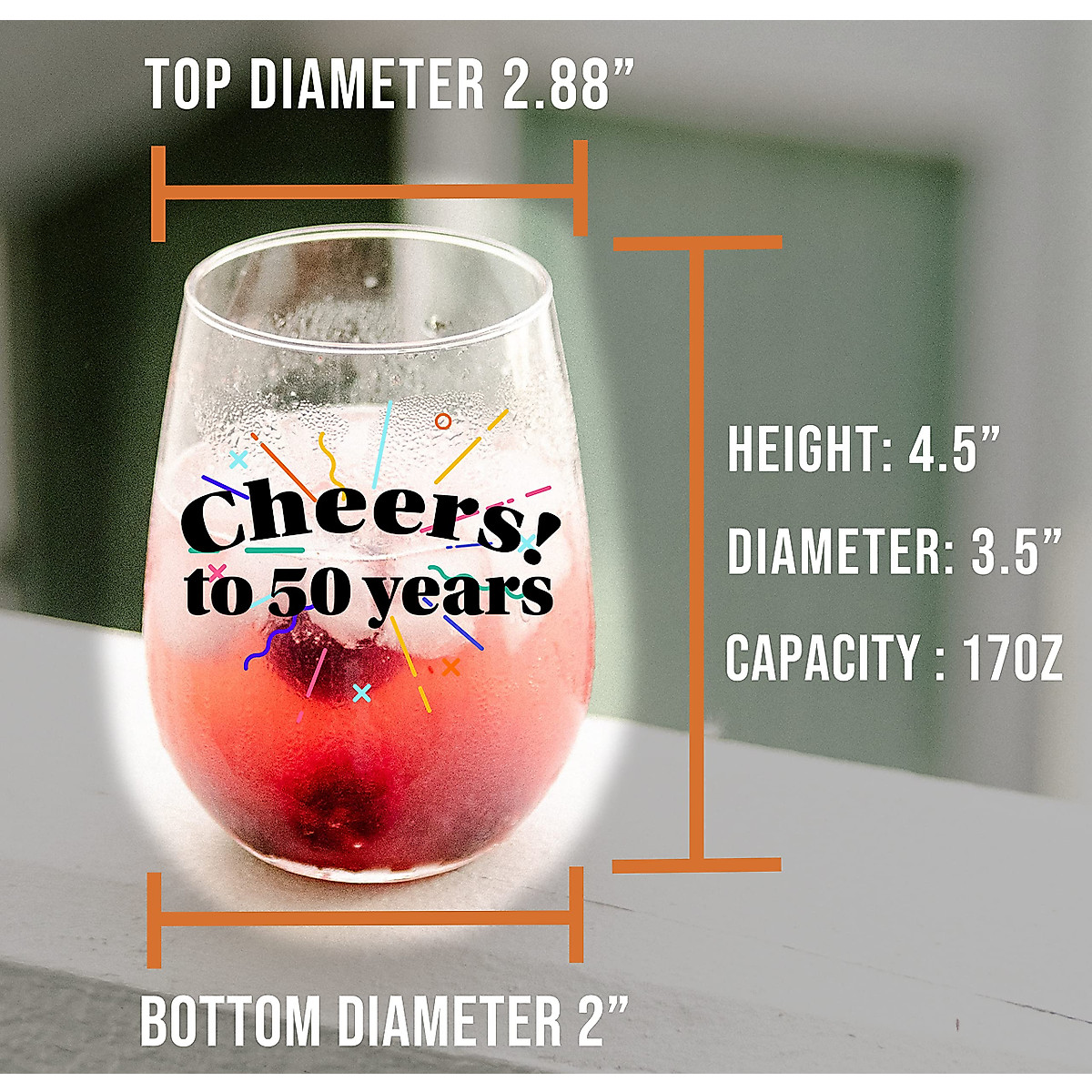 Spotted Dog Company Cheers! To 50 Years, Printed, 17oz Stemless Wine Glass, Happy 50th Birthday Decorations, 50th Birthday Gifts for Men, Birthday Gift Ideas, Wine Glass Cups, Drinking Decor