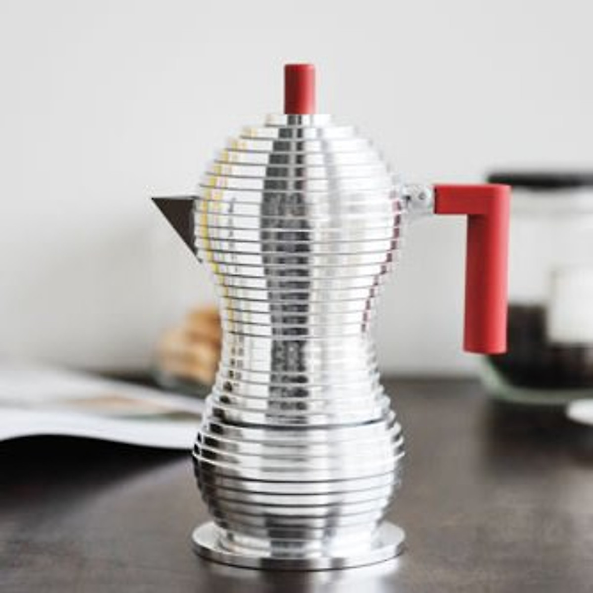 Alessi MDL02/6 R Pulcina Stove Top Espresso 6 Cup Coffee Maker in Aluminum Casting Handle And Knob in Pa, Red