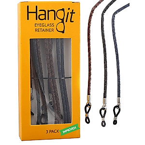 Avitron HANGIT, Elegant Eyeglass, Sunglass Strap-Chain-Retainer, Sports Band, 3 Pack (blue black brown - PU Leather For Men Women By HANGIT