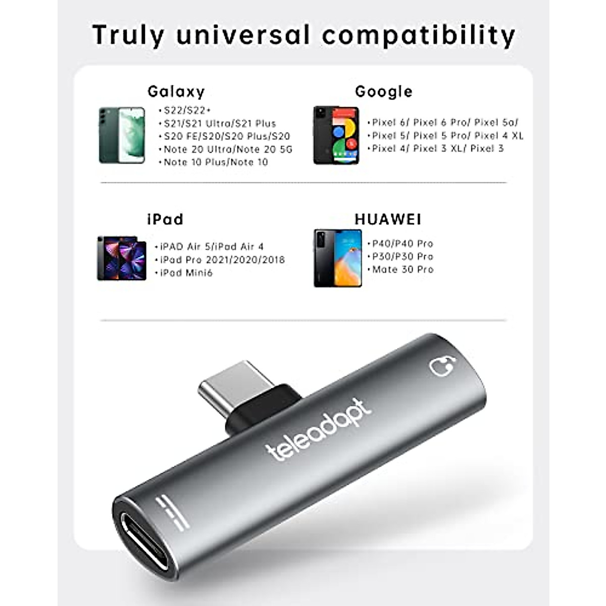 Teleadapt USB C to 3.5mm Headphone Audio and Charger Adapter, 2-in-1 USB C to Aux Mic Jack Adapter with PD 60W Fast Charging for Stereo, Hi-Res DAC, Compatible with Galaxy S20/ S21/NoteS20, Pixel 2/3
