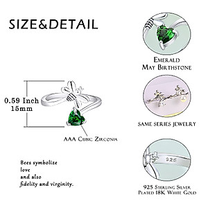 FJ Sterling Silver Women Bee Ring Open Animal Ring with Created Emerald (Adjustable Ring) (Size 9)
