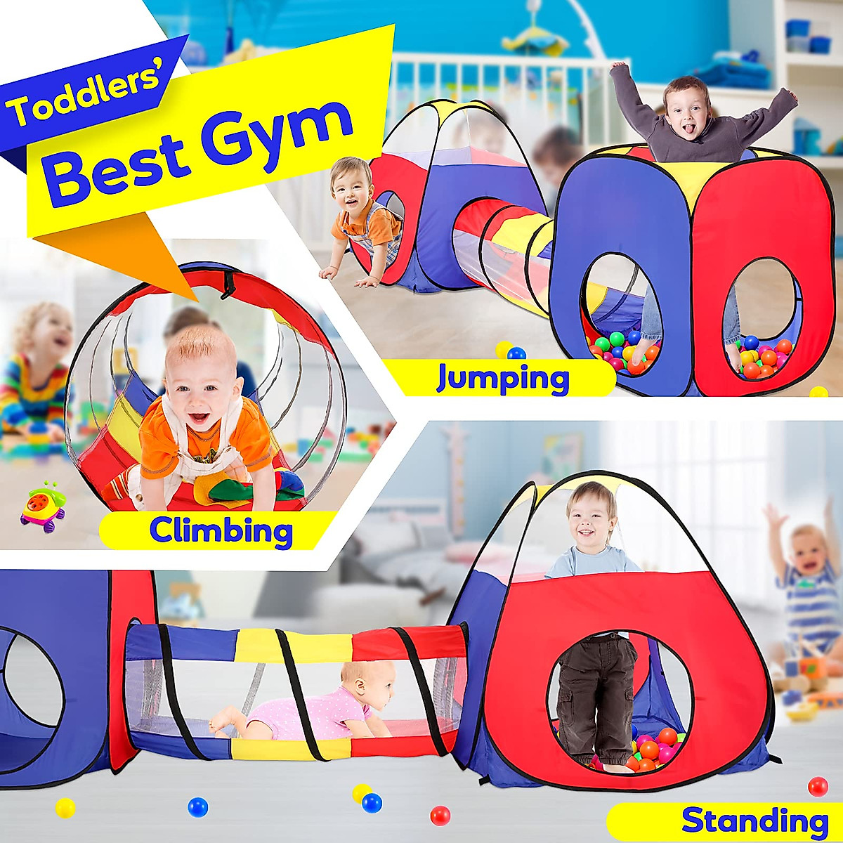 3 in 1 Kids Play Tent with Play Tunnels and Ball Pit, Pop Up Toddler Tent for Kids, Kids Toys for Boys and Girls Babies Children Indoor and Outdoor Playhouse, Gift Idea (Balls NOT Included)