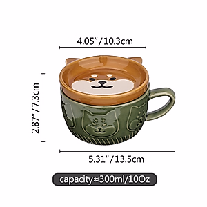 Cute Ceramic Dog Coffee Mug with Lid,Kawaii Coffee Mugs or Tea Cups for Dog Lovers,Funny Novelty Dog Breakfast Mugs for Women Wife Mum Girls Boys Friends Kids Christmas Birthday Gift,300ML（Green）
