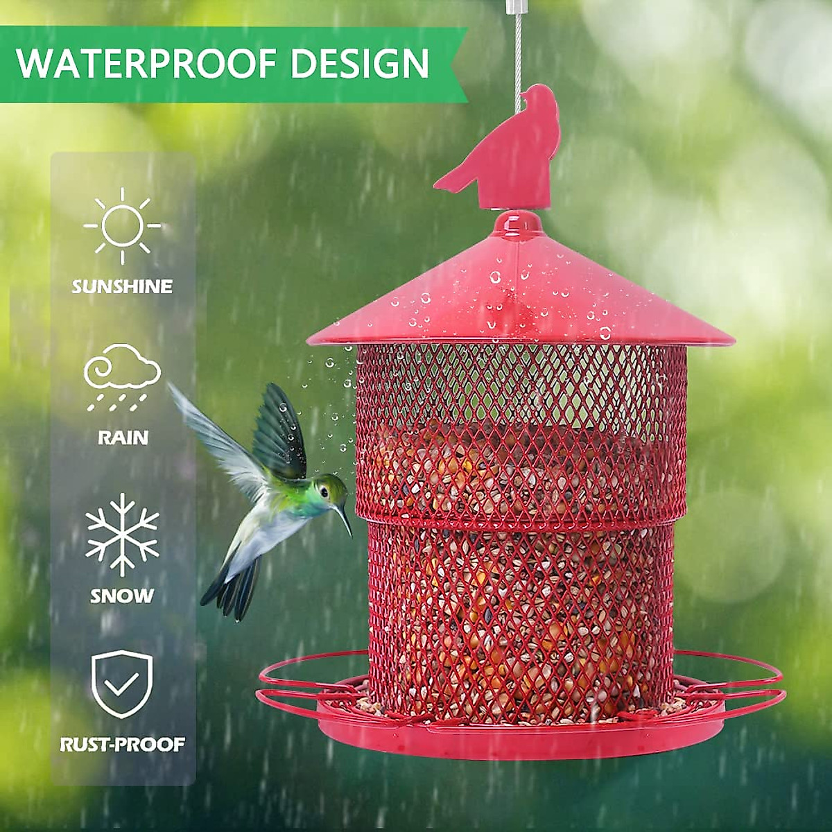 Metal Wild Bird Feeders Clearance,Outside Squirrel Proof Bird Feeder, 7.4LB Hanging Large Capacity Heavy Duty Water Resistance Outdoor Birdfeeders for Garden Yard-Red