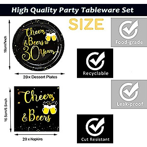 30th Birthday Party Supplies Cheers & Beers Tableware Set Cheers to 30 Years Plates 7"and Napkins for Black and Gold Birthday Supplies 30th Birthday Anniversary Whiskey Party Decorations (Serves 20)