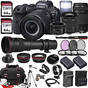 Canon EOS R6 Mirrorless Camera w/RF 24-105mm f/4-7.1 is STM + EF 75-300mm f/4-5.6 III + EF 50mm f/1.8 STM + 420-800mm f/8.3 HD Lenses + 2X 64GB Memory + Case + Filters + Tripod & More (35pc Bundle)