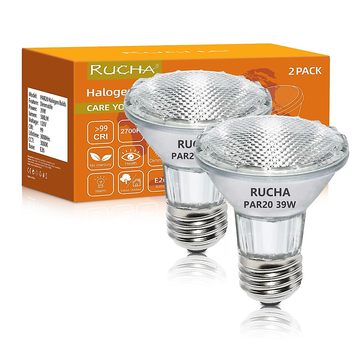 PAR20 Halogen Buld, 120V 39W Dimmable PAR20 Reflector Flood Light Bulds with E26 Base, for Range Hood Light Bulbs, Track Light Bulbs, Oven Light Bulb, Ceiling Can Lamp, 2 Pack